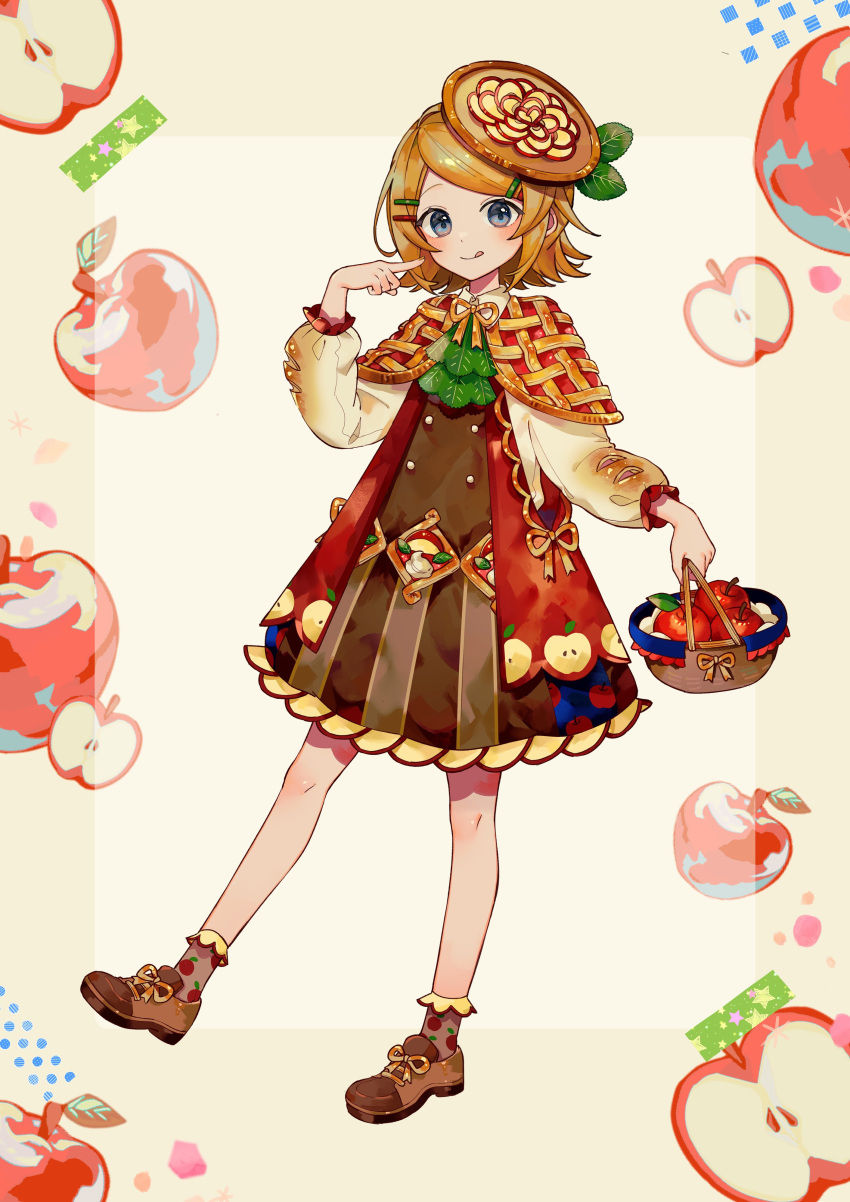 Safebooru - 1girl :p absurdres apple basket blonde hair blue eyes bow brown dress brown footwear ...