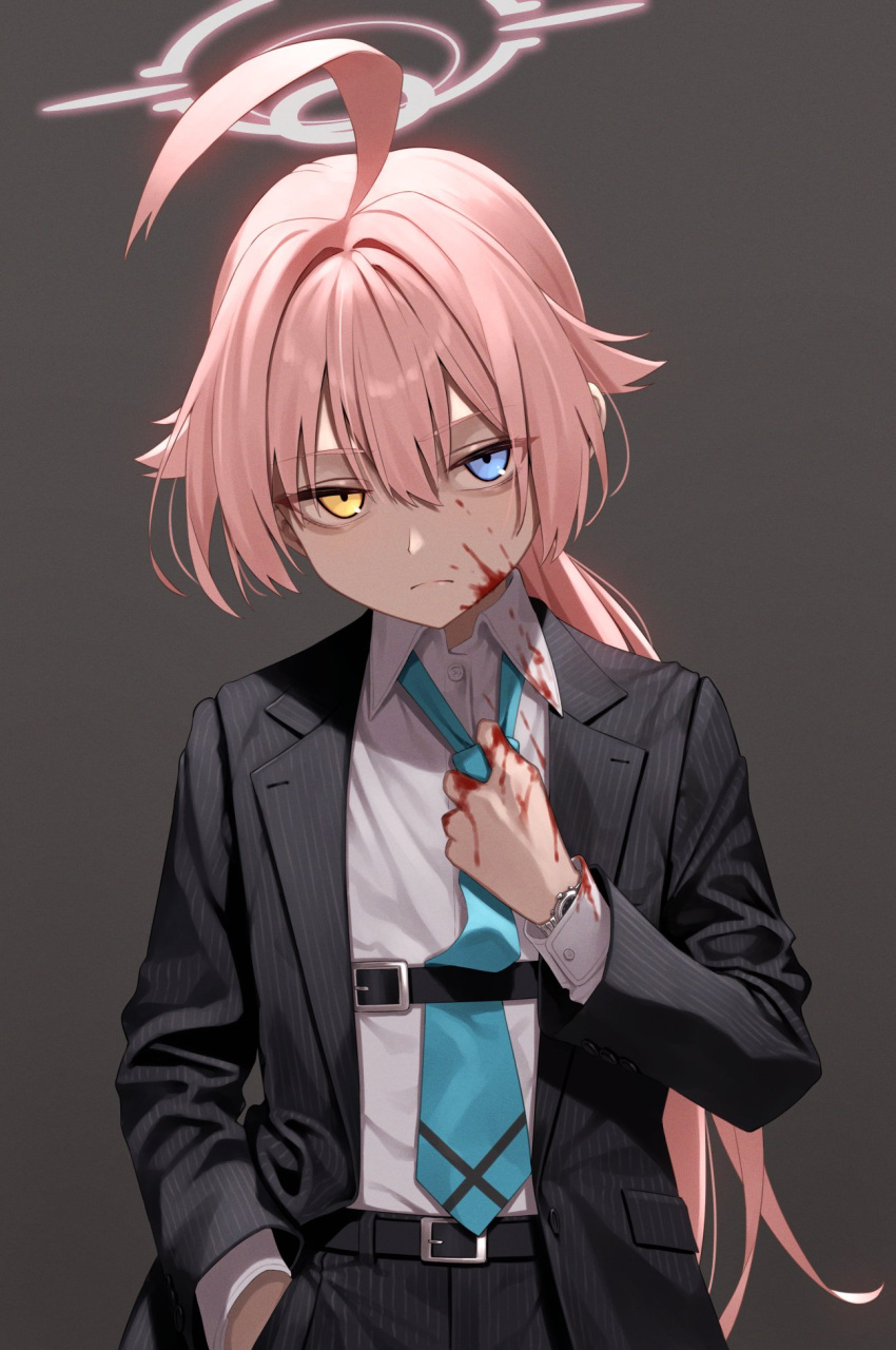 Safebooru - 1girl ahoge belt black background black belt black jacket black pants blood blue ...