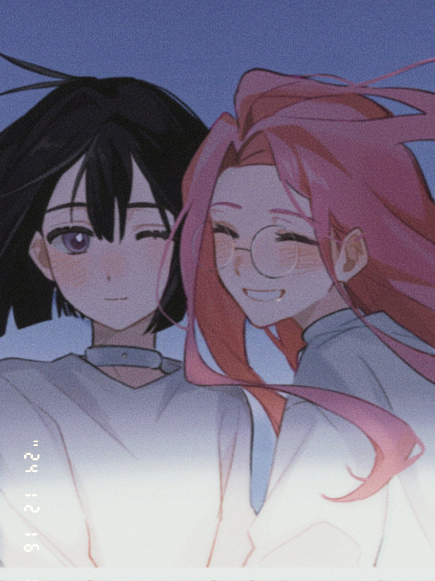 Safebooru - 2girls alien stage black hair blue background bob cut choker closed eyes closed ...