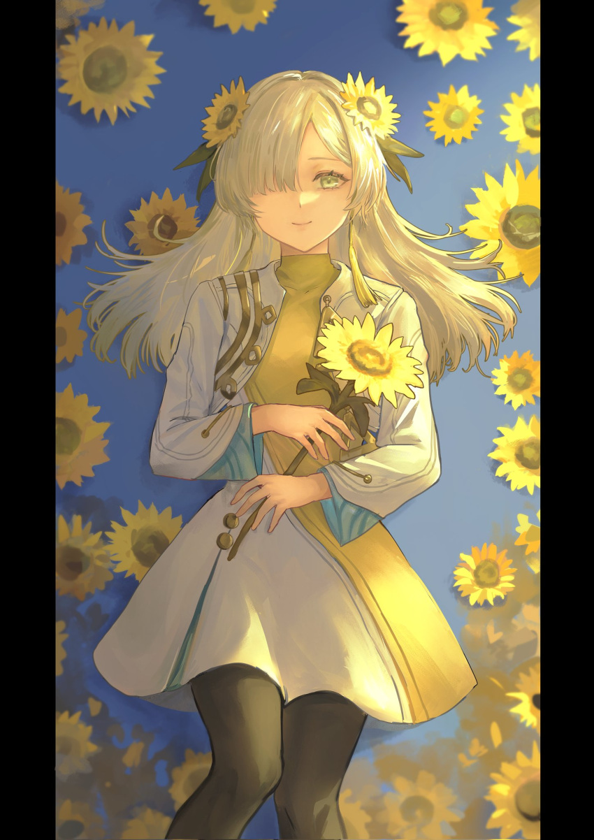 Safebooru - 1girl artist request black pantyhose blonde hair dress flower grey eyes grey hair ...