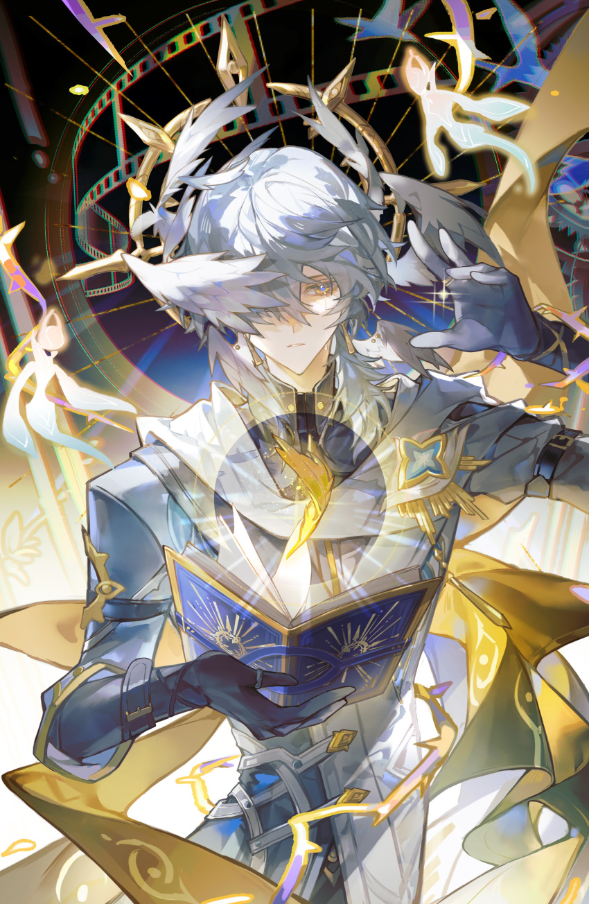 Safebooru - 1boy absurdres arm belt black gloves blue jacket book ...