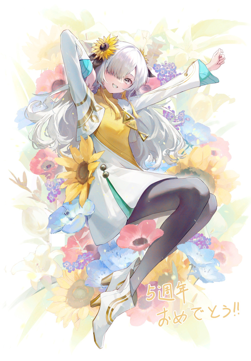 Safebooru - 1girl absurdres anemone (flower) black pantyhose blonde hair blush boots dress ...