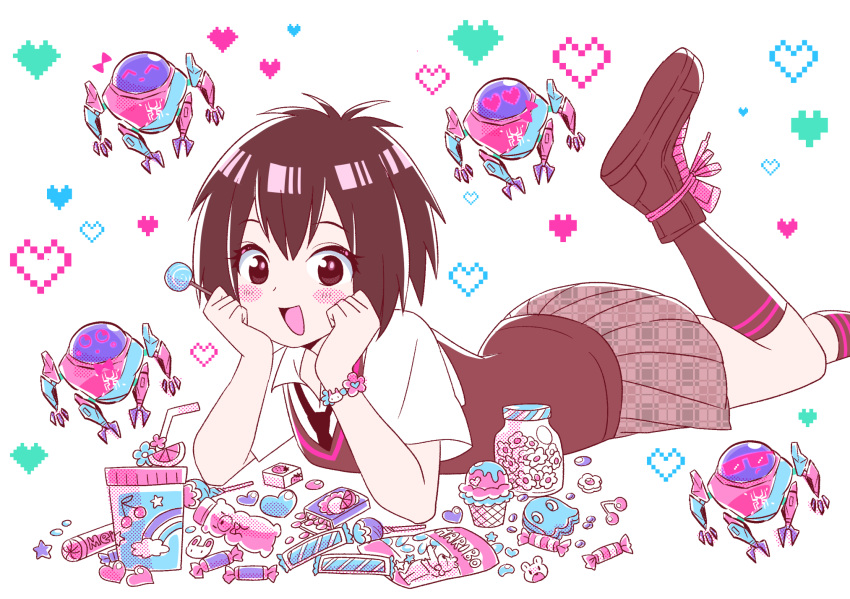 Safebooru - 1girl :d black eyes black footwear black hair black necktie ...