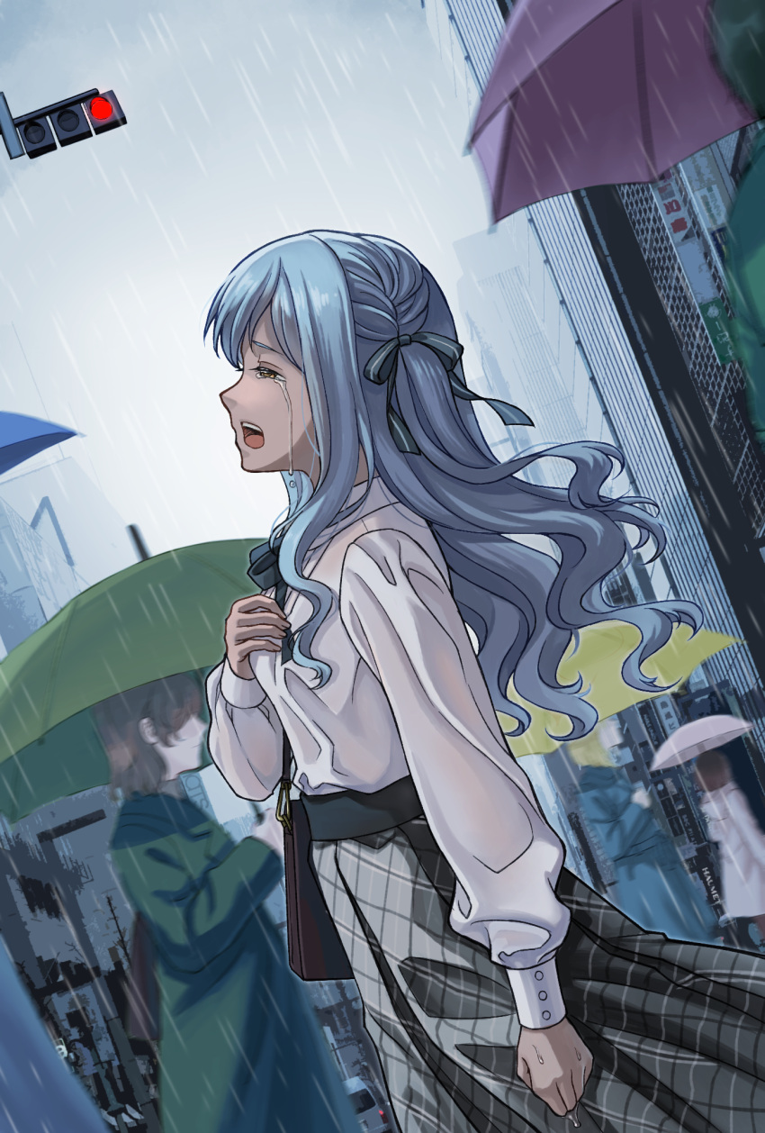 Safebooru - 1girl bag bang dream! bang dream! it's mygo!!!!! black ribbon blue hair city closed ...