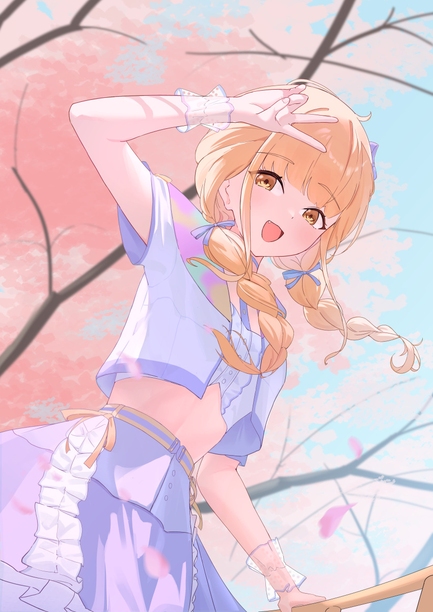 Safebooru - 1girl absurdres arm up blonde hair blue ribbon blue shirt blue skirt braid cherry ...