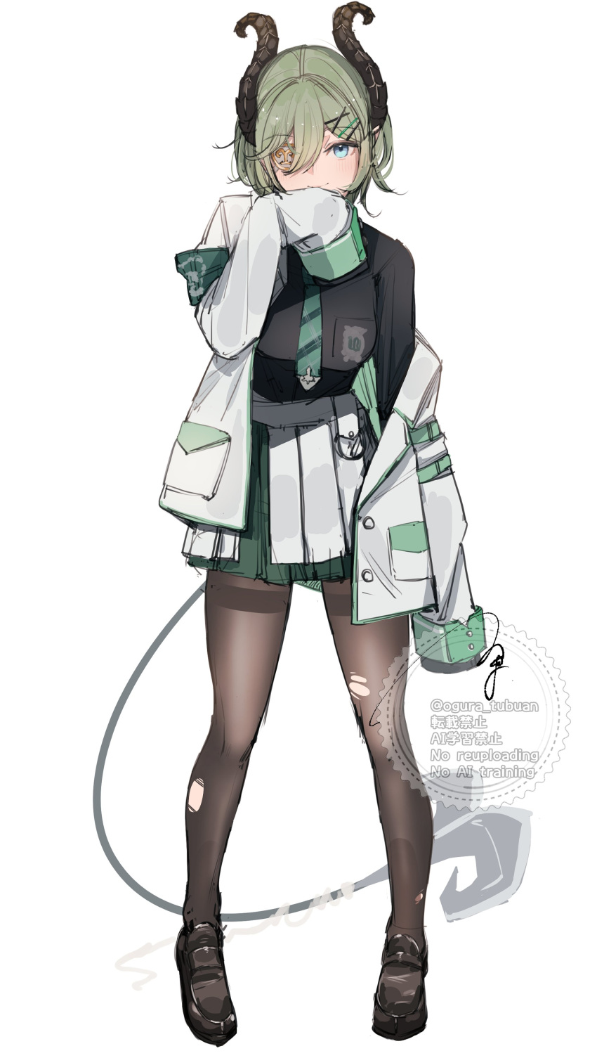 Safebooru - 1girl absurdres black footwear black shirt blue eyes breasts brown horns brown ...