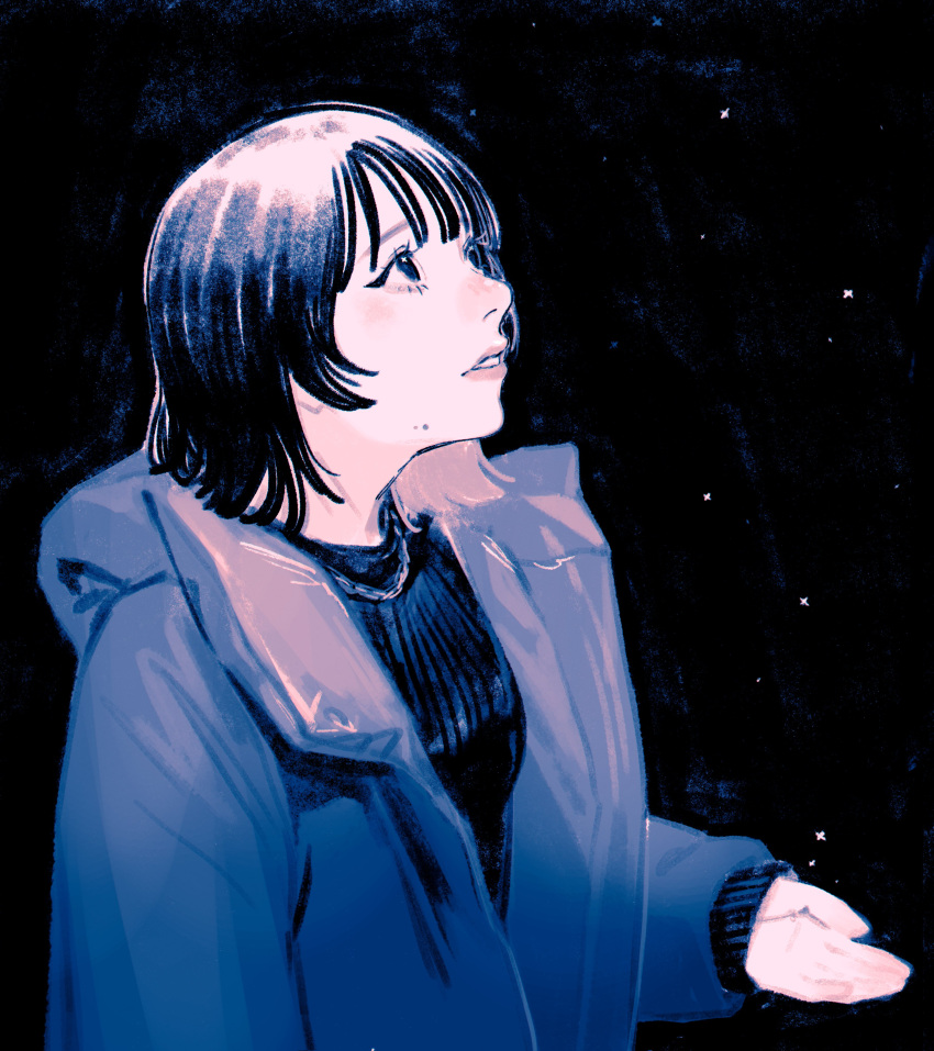 Safebooru - 1girl absurdres black background black hair black sweater blue jacket commentary ...