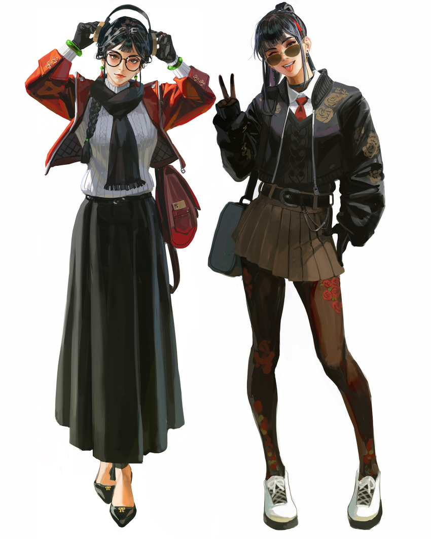 Safebooru - 2girls :p absurdres adjusting headphones bag belt black-framed eyewear black belt ...