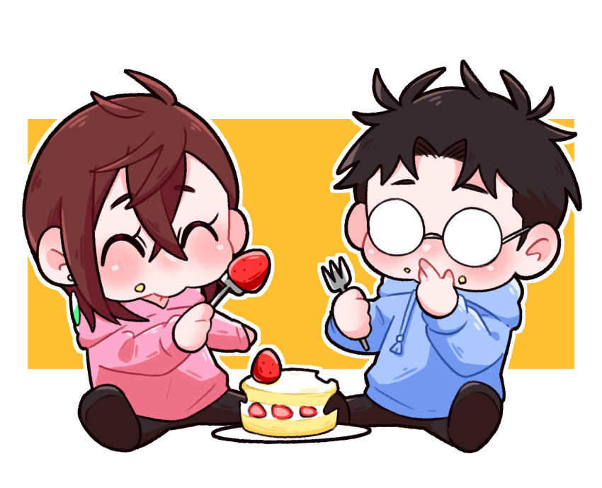 Safebooru - 1boy 1girl ayase momo black hair brown hair cake chibi ...