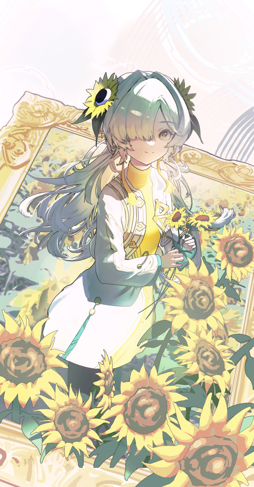Safebooru - 1girl absurdres blonde hair dress flower grey eyes grey hair hair flower hair ...