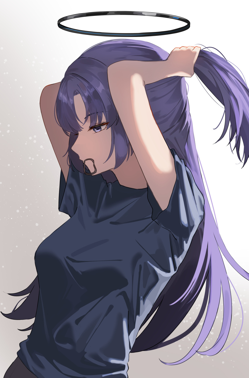 Safebooru - 1girl absurdres adjusting hair black halo black pants black shirt blue archive ...