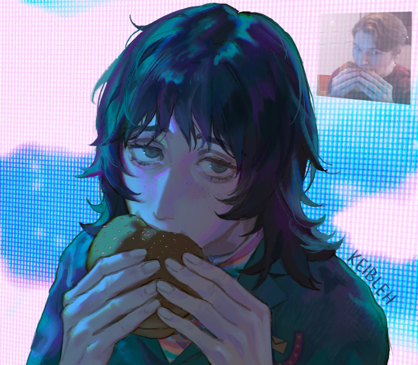 Safebooru - 1girl anya (mouthwashing) artist name black hair blue jumpsuit burger eating food ...