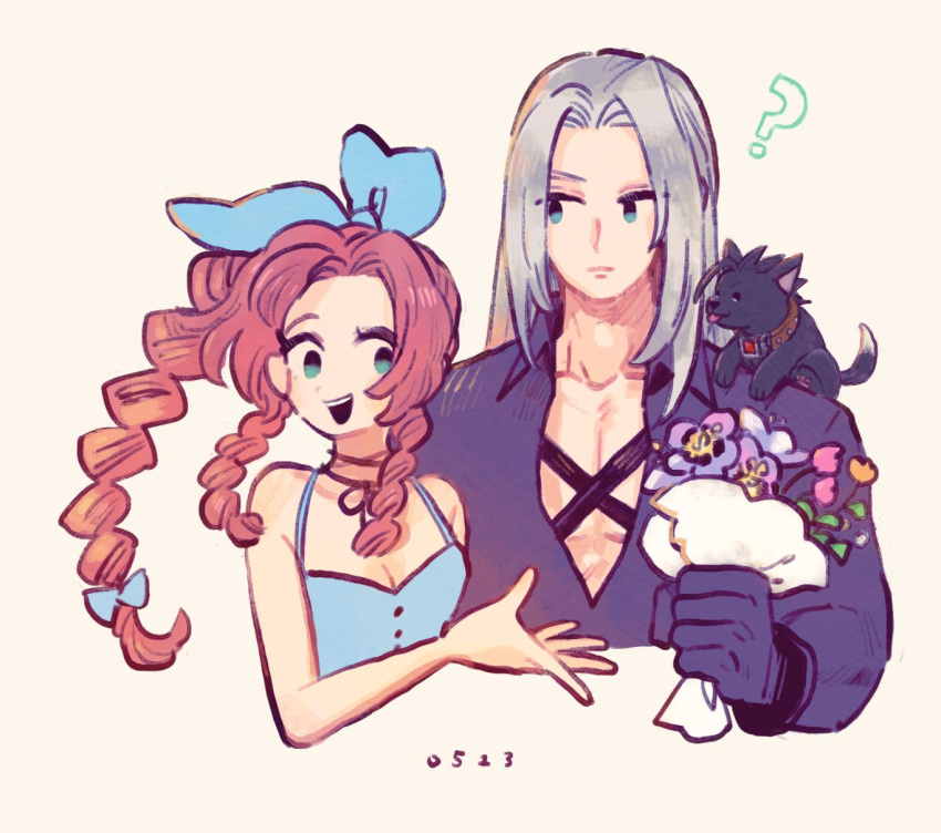 Safebooru - 1boy 1girl ? aerith gainsborough alternate costume animal collar animal on shoulder ...