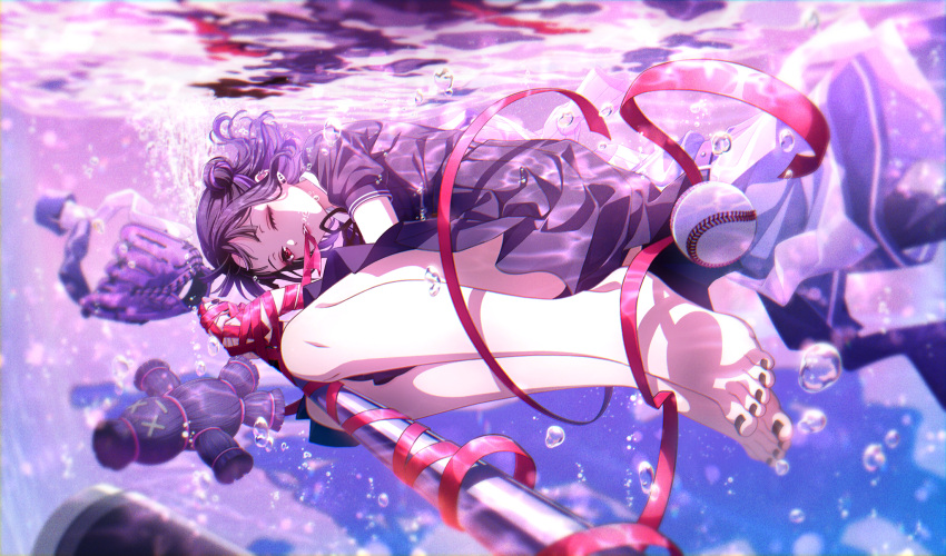 Safebooru - 1girl air bubble ball barefoot baseball (object) baseball bat baseball mitt black ...