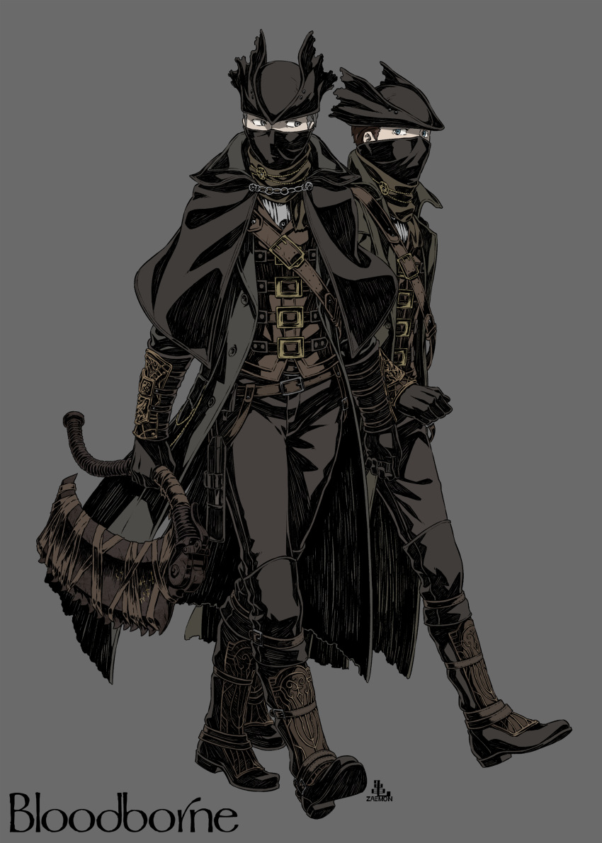 Safebooru - 2boys absurdres armored boots belt black capelet black gloves black headwear ...