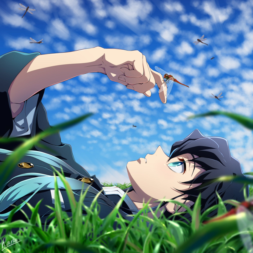 Safebooru - 1boy aqua eyes aqua hair black hair blue sky bug buttons closed mouth clouds demon ...
