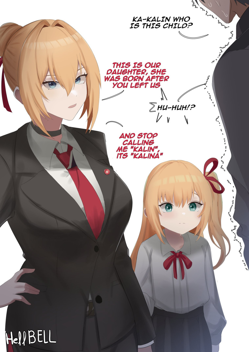 Safebooru - 1boy 2girls black choker black jacket black skirt blonde ...