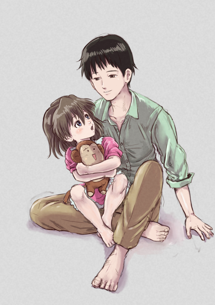 Safebooru - 1boy 1girl age difference bare legs barefoot black hair ...