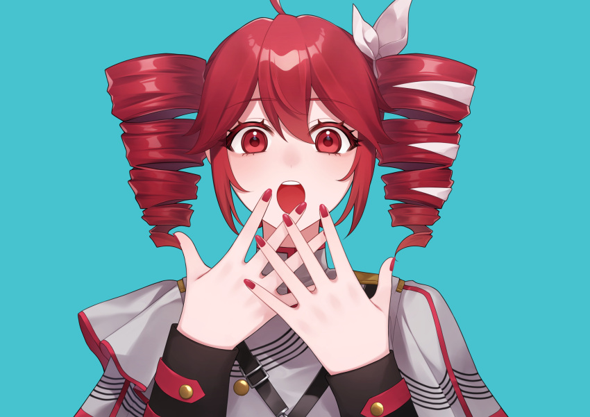 Safebooru - 1girl absurdres belt black belt blue background blush bow buttons double-parted ...