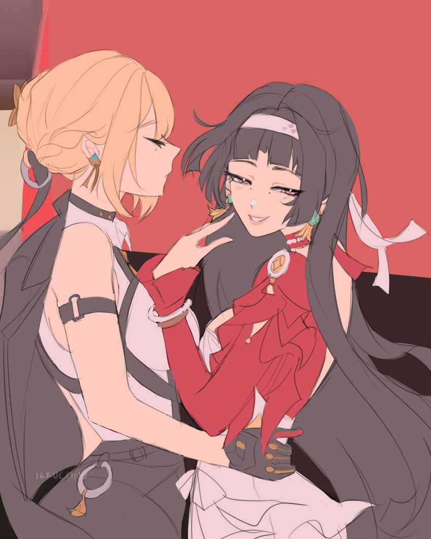 Safebooru - 2girls absurdres astra yao bare shoulders black gloves black hair blonde hair closed ...