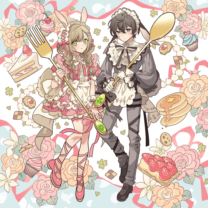 Safebooru - 1boy 1girl animal ears apron checkerboard cookie chocolate chip cookie clover ...