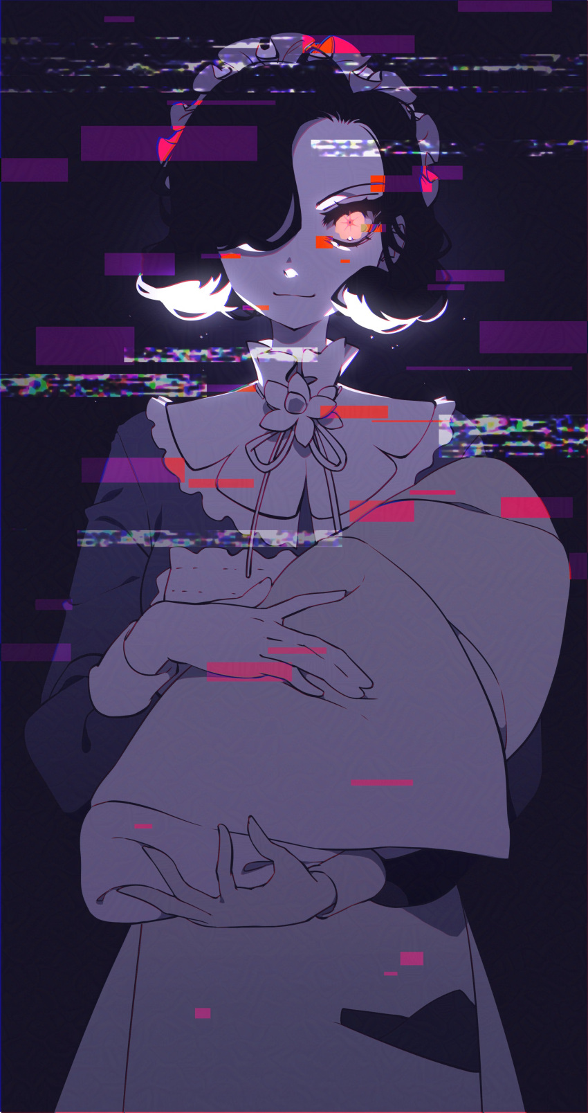 Safebooru - >:) 1girl absurdres adversarial noise backlighting black hair blanket dark ...