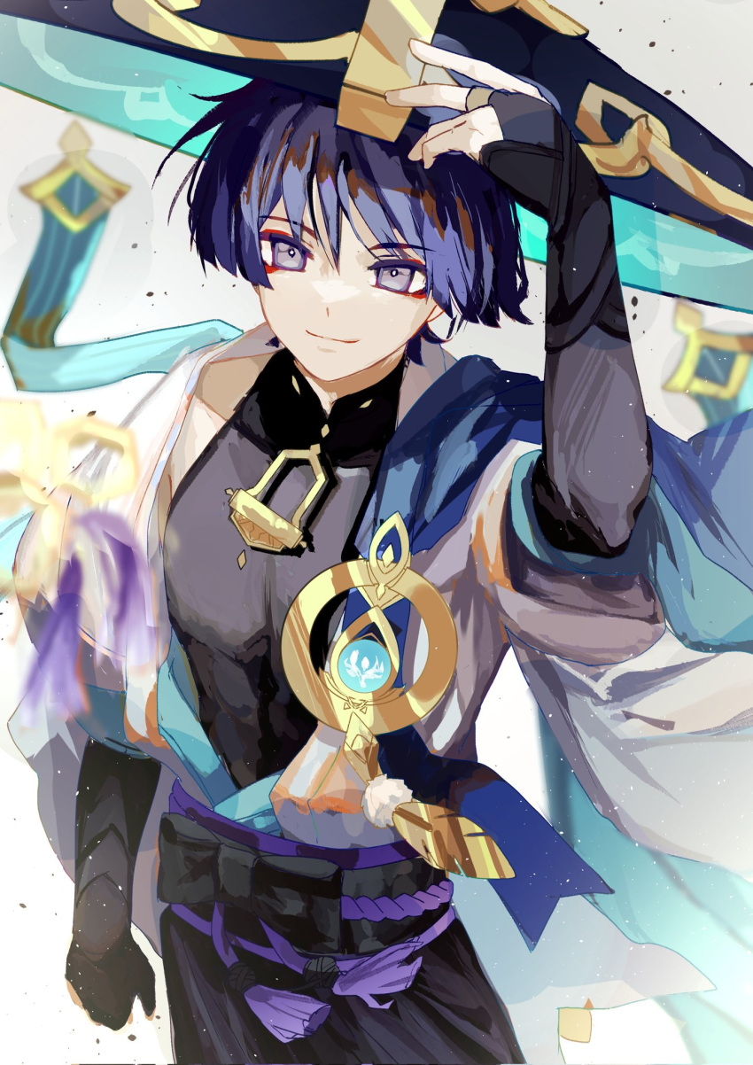 Safebooru - 1boy anemo symbol (genshin impact) arm at side arm up armor belt black belt black ...