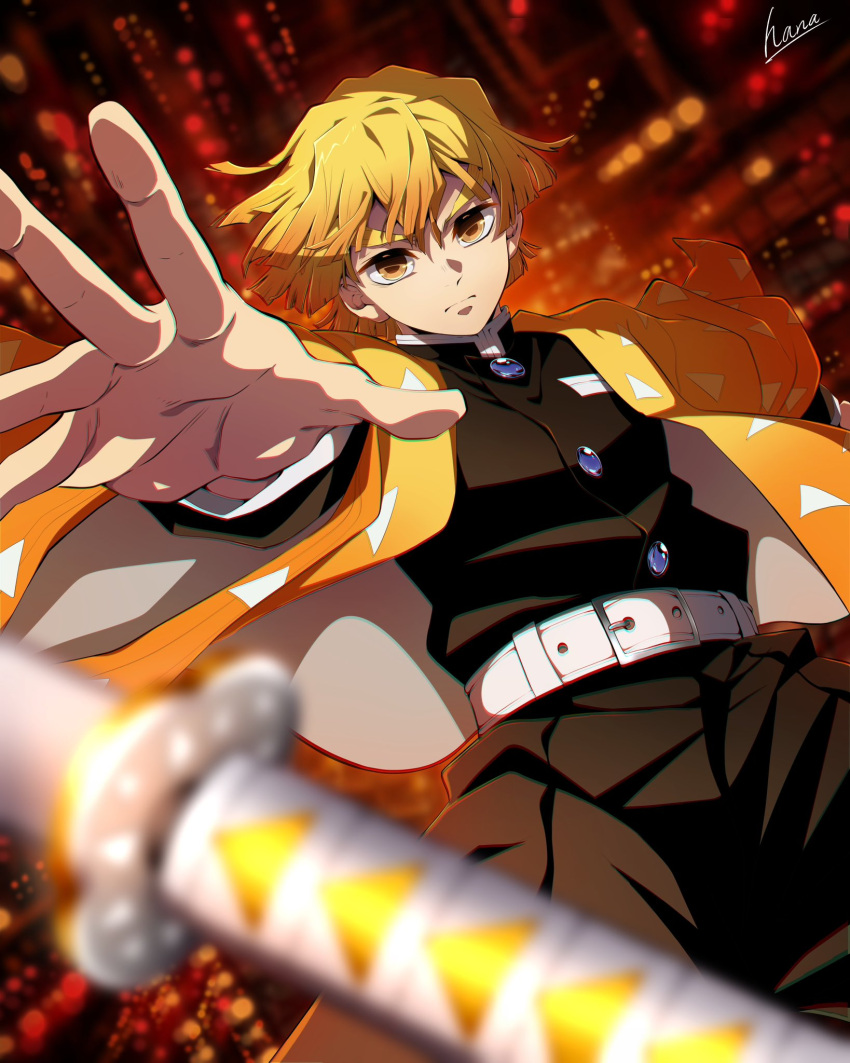 Safebooru - 1boy agatsuma zenitsu arm up belt belt buckle black jacket black pants blonde hair ...
