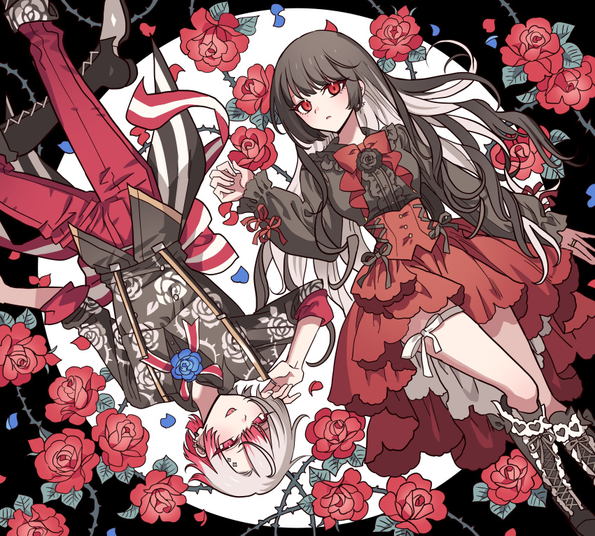 Safebooru - 1boy 1girl absurdres black hair black shirt blue flower blue rose colored inner hair ...