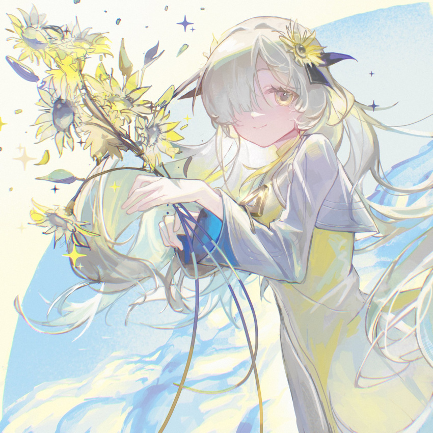 Safebooru - 1girl blonde hair dress flower grey hair hair flower hair ornament hair over one eye ...
