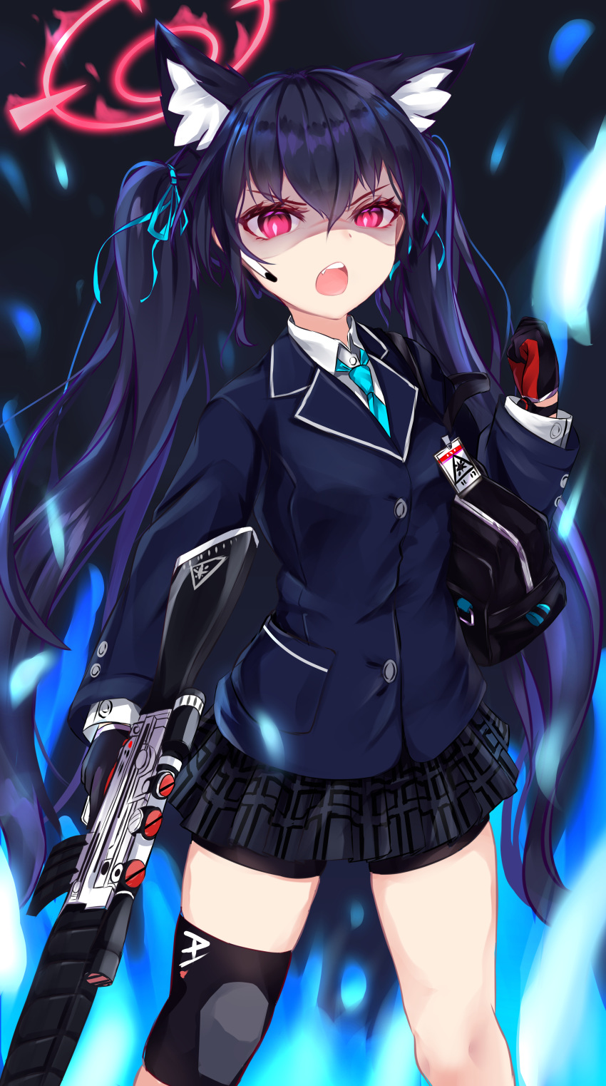 Safebooru - absurdres animal ears assault rifle bag black hair black legwear blue archive cat ...