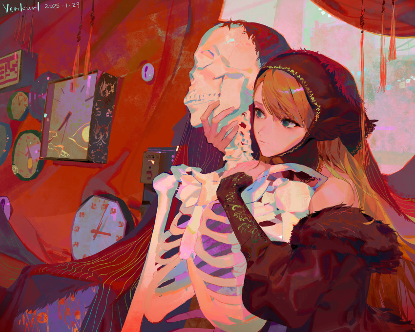 Safebooru - 1girl 2025 absurdres artist name bare shoulders blonde hair clock commentary dated ...