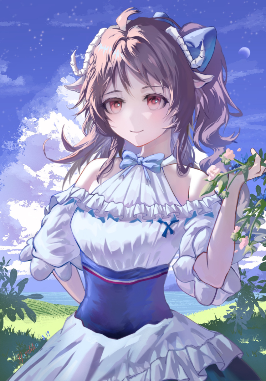 Safebooru - 1girl ahoge animal ears arknights bare shoulders blue bow blue bowtie blue sky bow ...