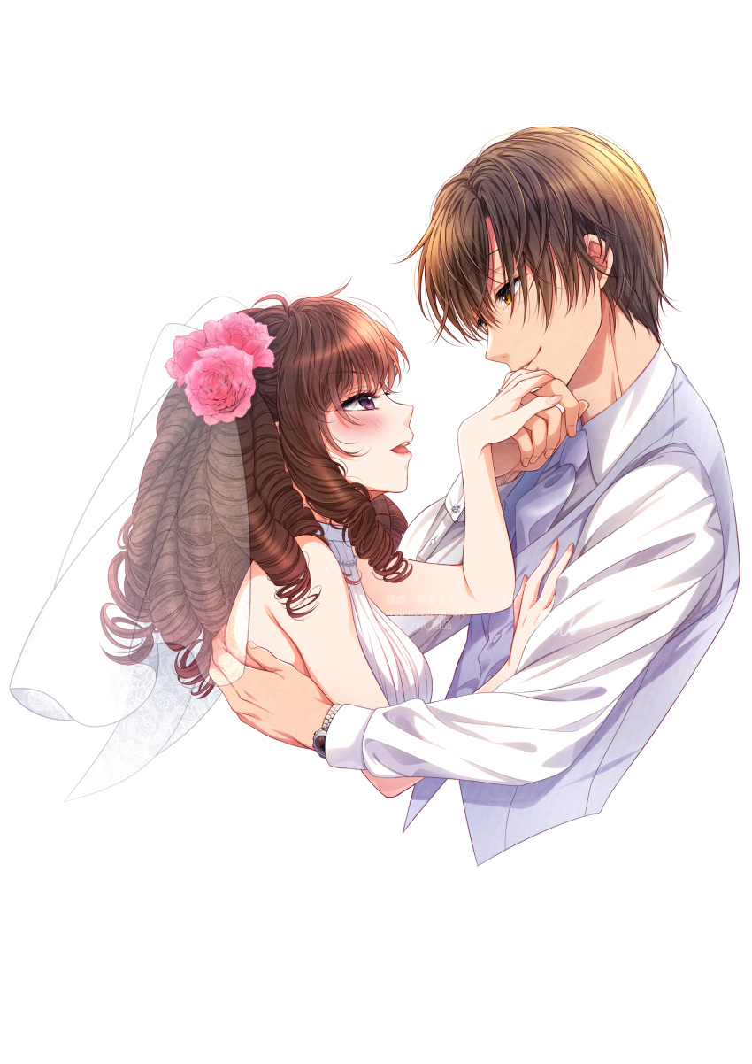 Safebooru - 1boy 1girl absurdres blue necktie blue vest bridal veil brown eyes brown hair couple ...