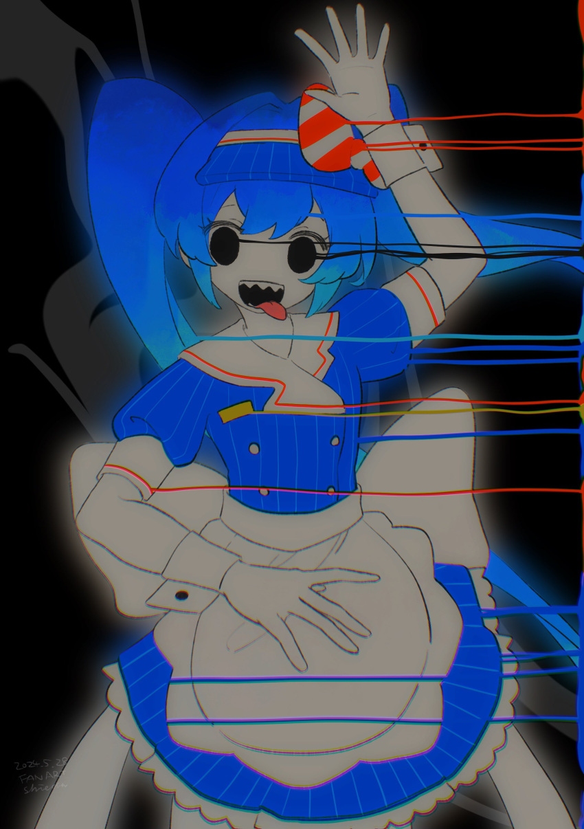 Safebooru - 1girl :d absurdres apron black background black eyes blue dress blue hair bow dress ...