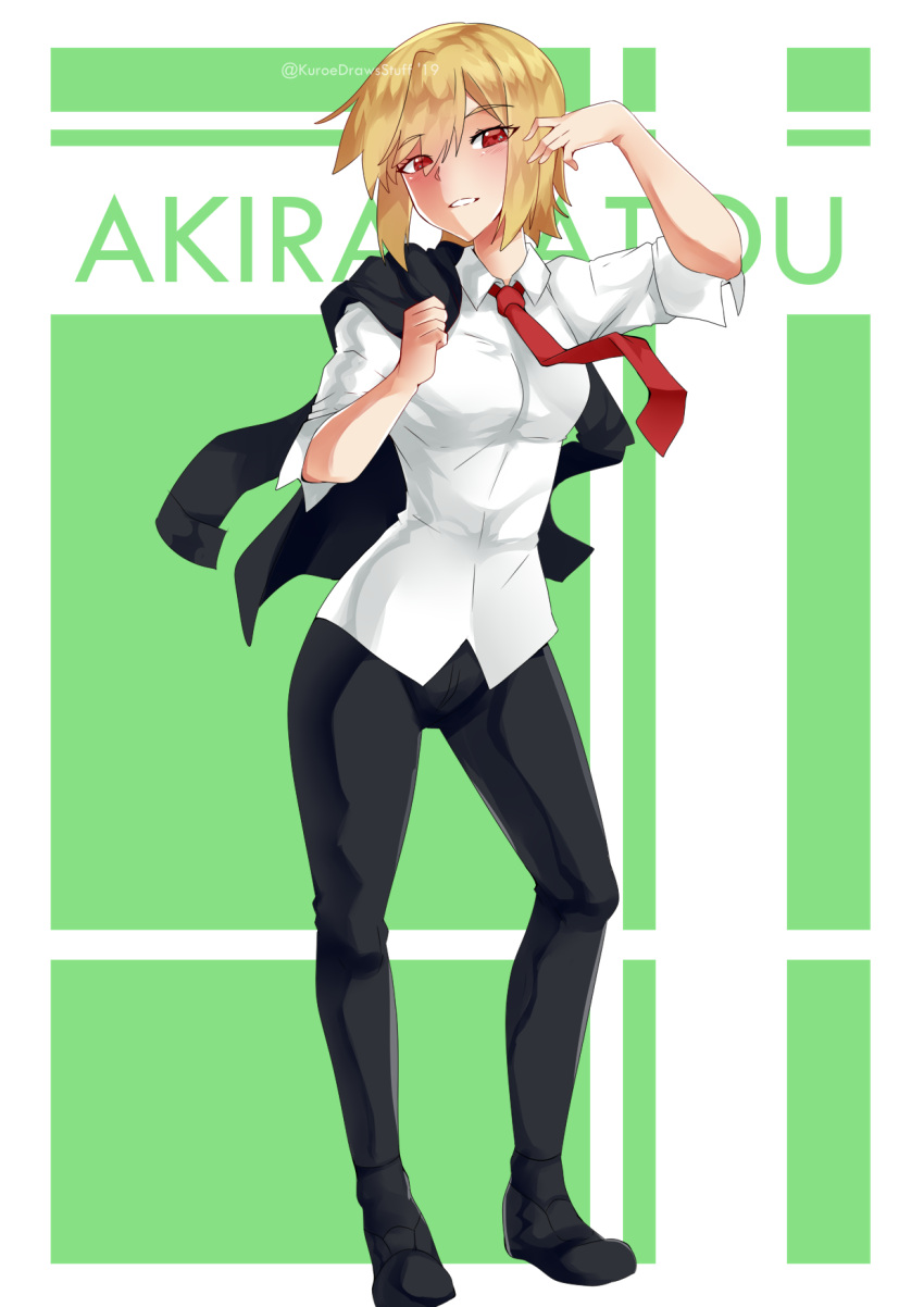 Safebooru - 1girl black footwear black pants blonde hair blush breasts character name collared ...