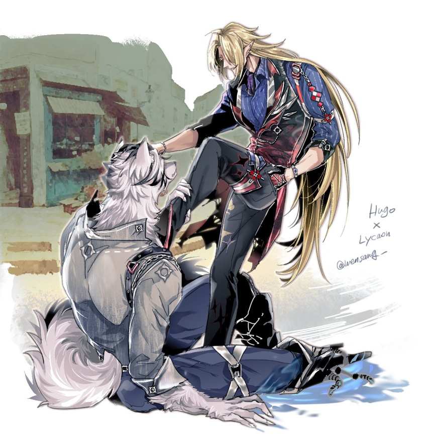 Safebooru - 2boys blonde hair blue shirt body fur coattails commentary ...