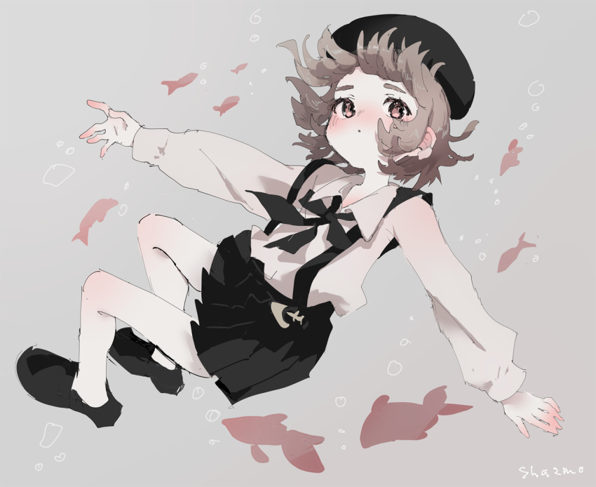 Safebooru - 1girl :o air bubble animal artist name bangs beret black bow black footwear black ...