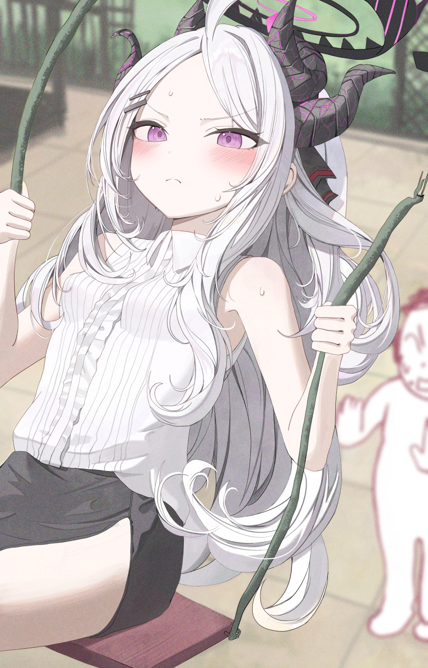 Safebooru - 1boy 1girl absurdres black horns black skirt blue archive blush breasts closed mouth ...