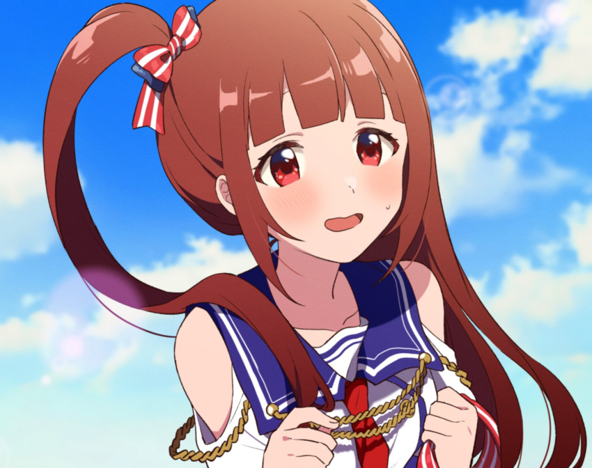 Safebooru - 1girl asymmetrical hair blue sailor collar blue sky blush brown hair clothing cutout ...