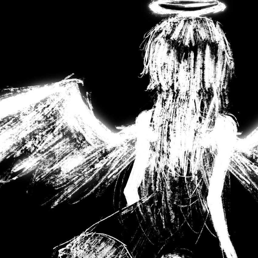 Safebooru - 1girl angel wings black background black skirt from behind glowing greyscale halo ...