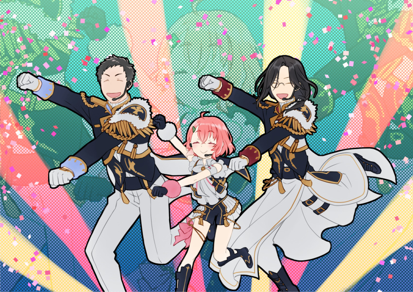 Safebooru - 1girl 2boys :d ^ ^ ahoge aiguillette black footwear black gloves black hair black ...