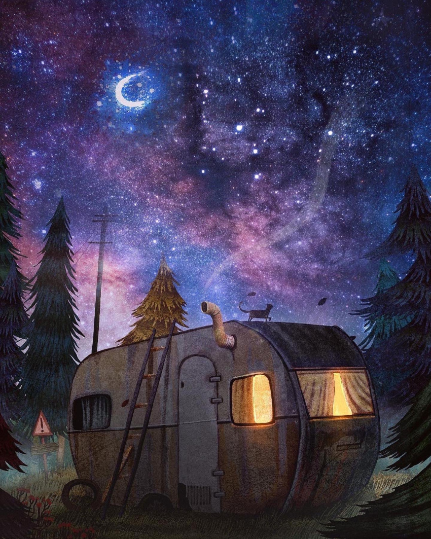 Safebooru - cat chimney crescent moon flower francisco fonseca highres ...
