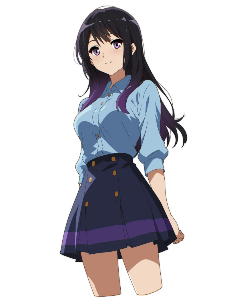 Safebooru - 1girl black hair black skirt blue shirt breasts closed mouth collared shirt cropped ...