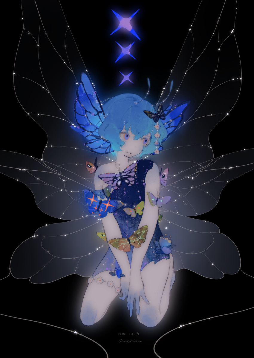 Safebooru - 1girl absurdres antennae barefoot black background blue butterfly blue eyes blue ...