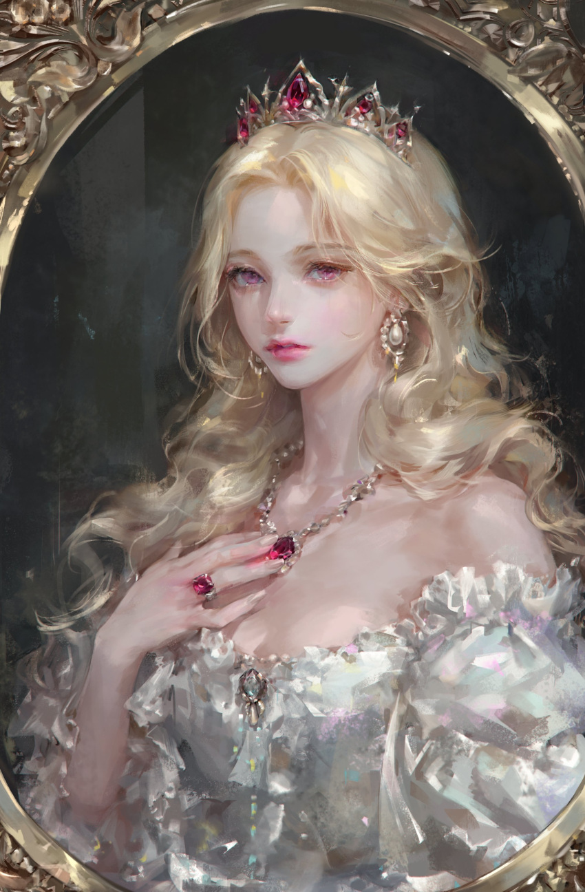 Safebooru - 1girl absurdres blonde hair bm94199 crown curly hair dress earrings highres jewelry ...
