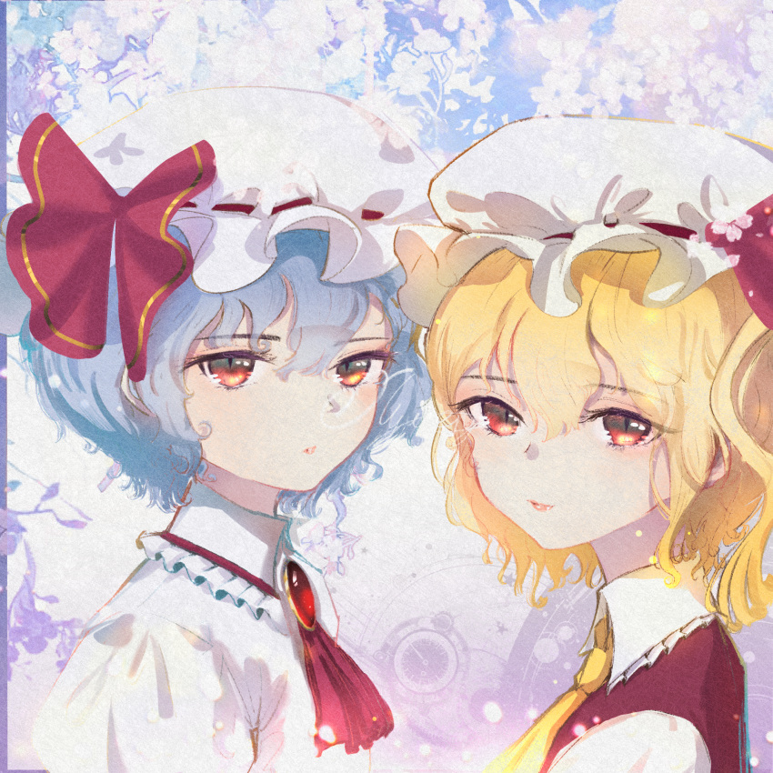 Safebooru - 2girls ascot blonde hair blue hair bow flandre scarlet hair between eyes hat hat ...