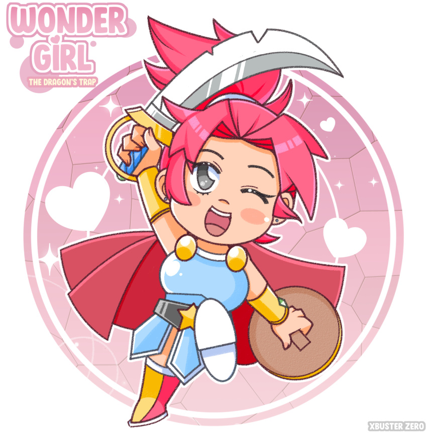 Safebooru - 1girl armor black eyes blush cape chibi heart highres monster world pink hair ...