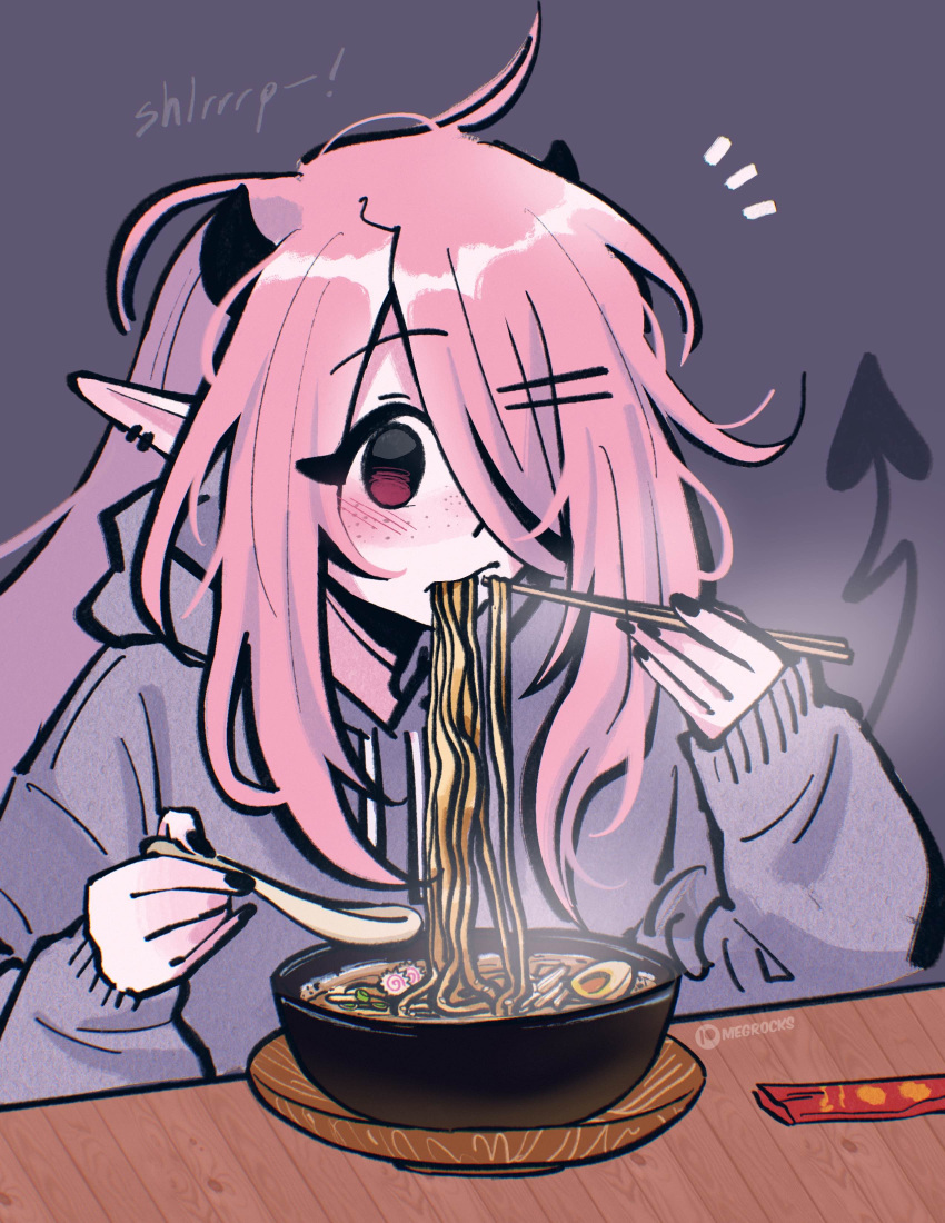 Safebooru - 1girl absurdres black horns black nails black tail blush chopsticks commentary demon ...