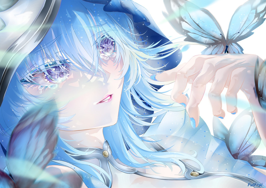 Safebooru - 1girl artist name blue butterfly blue hair blue nails blue veil bug butterfly ...